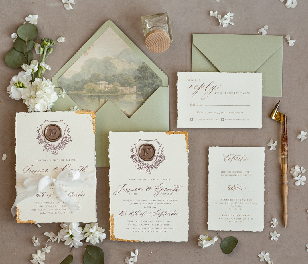 Fine Art Gold & Sage Green Wedding Invitation, Velvet Golden Edges ...
