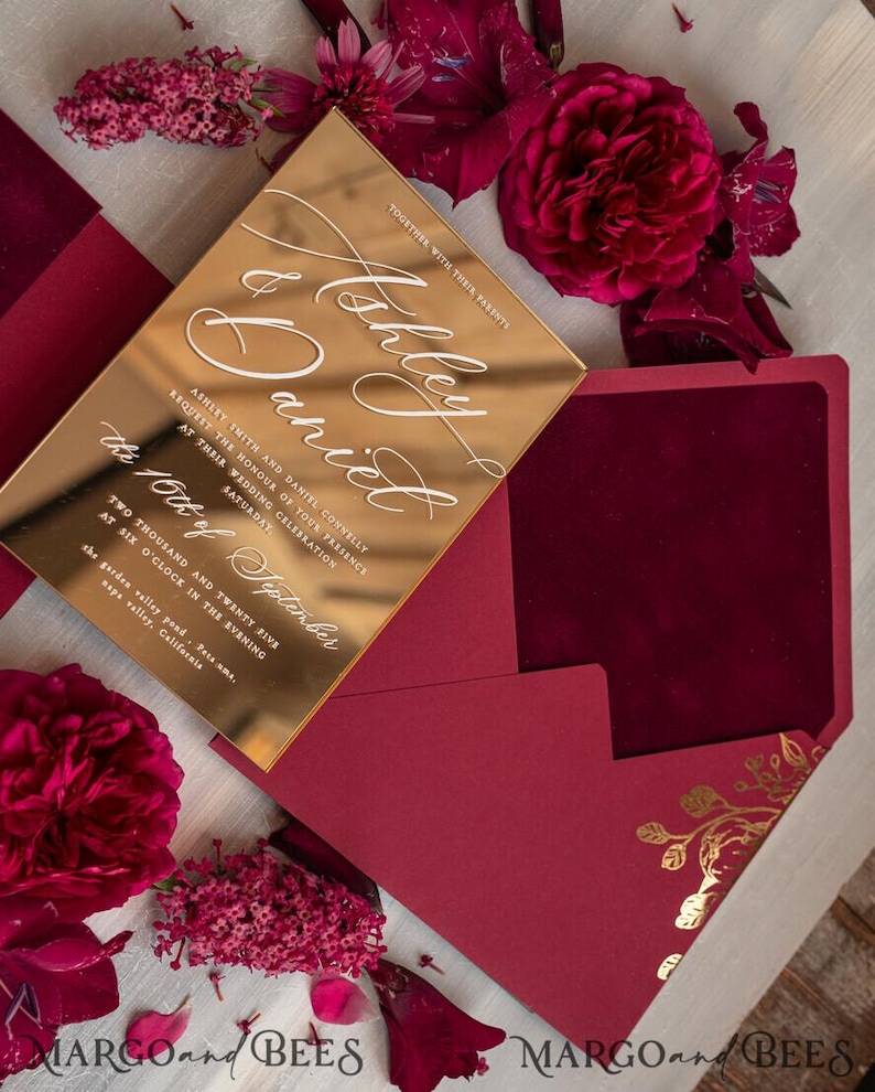 Mirror Gold Acrylic Wedding Invitations Maroon Plexi Glass Invites Rsvp ...