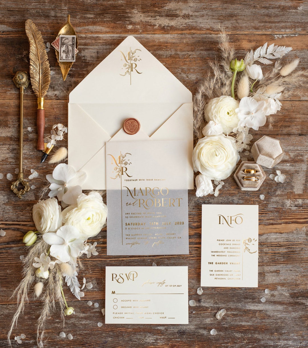 Luxury Ivory Gold Wedding Invitations, Modern Wedding Invites, Vellum ...