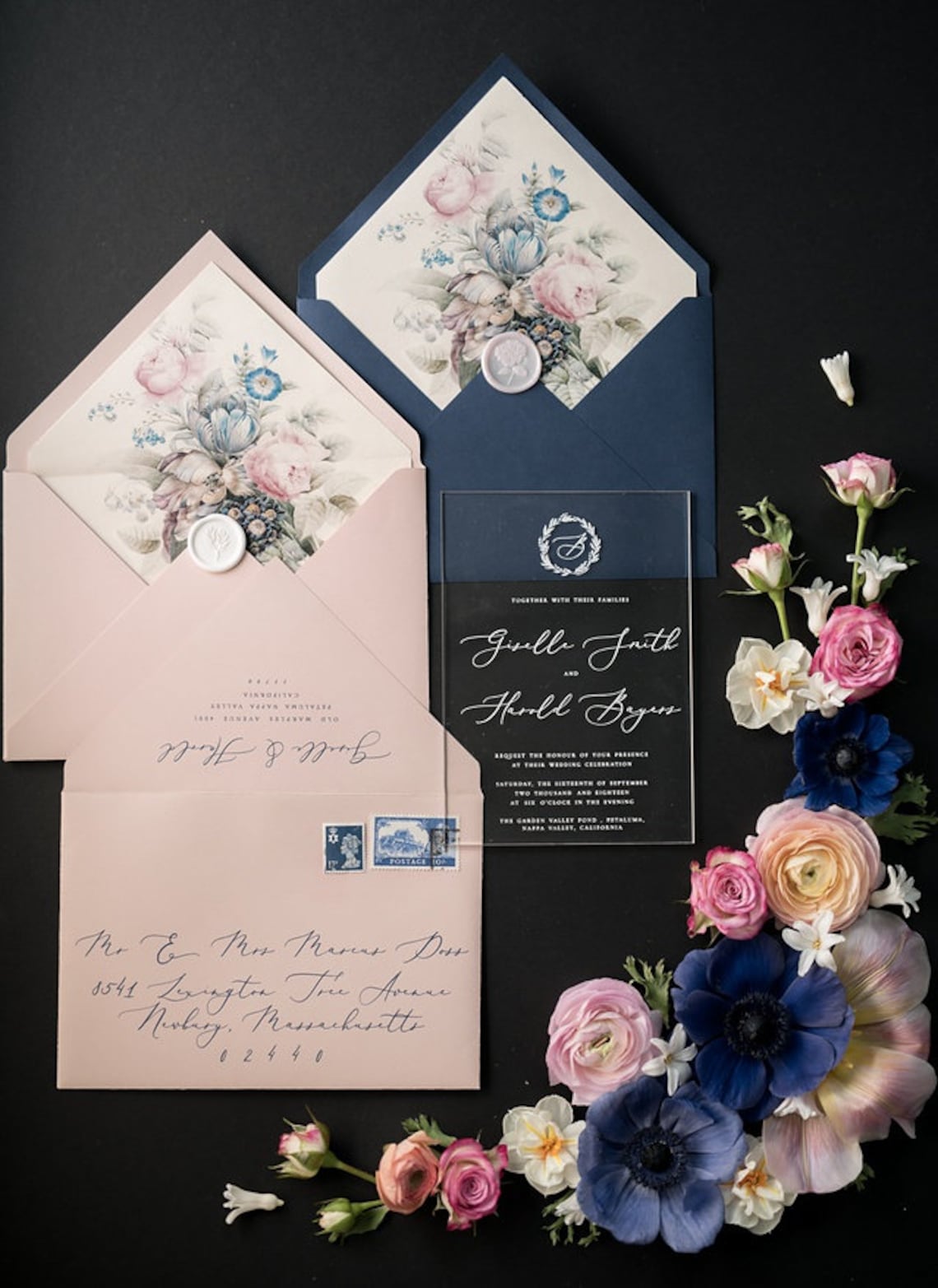 Elegant Pink and Blue Personalized Wedding Invitations With - Etsy