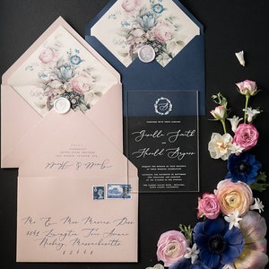 Elegant Pink and Blue Personalized Wedding Invitations With Flower ...