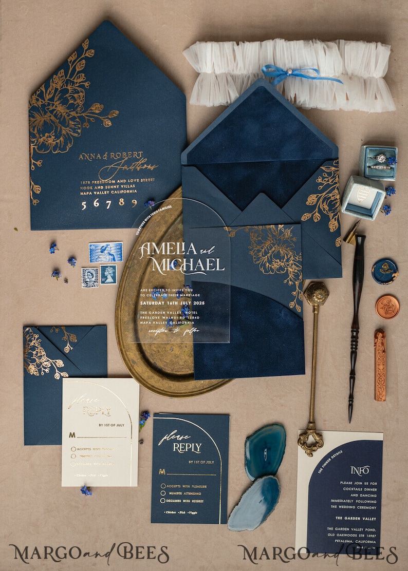 Arch Acrylic Gold Wedding Invitations, Navy Blue Wedding Invites Set ...