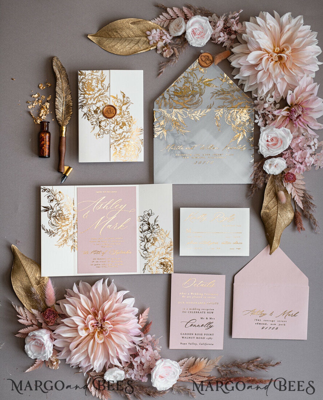 Elegant Gold Foil Wedding Invitation Suite, Golden Blush Pink Wedding ...