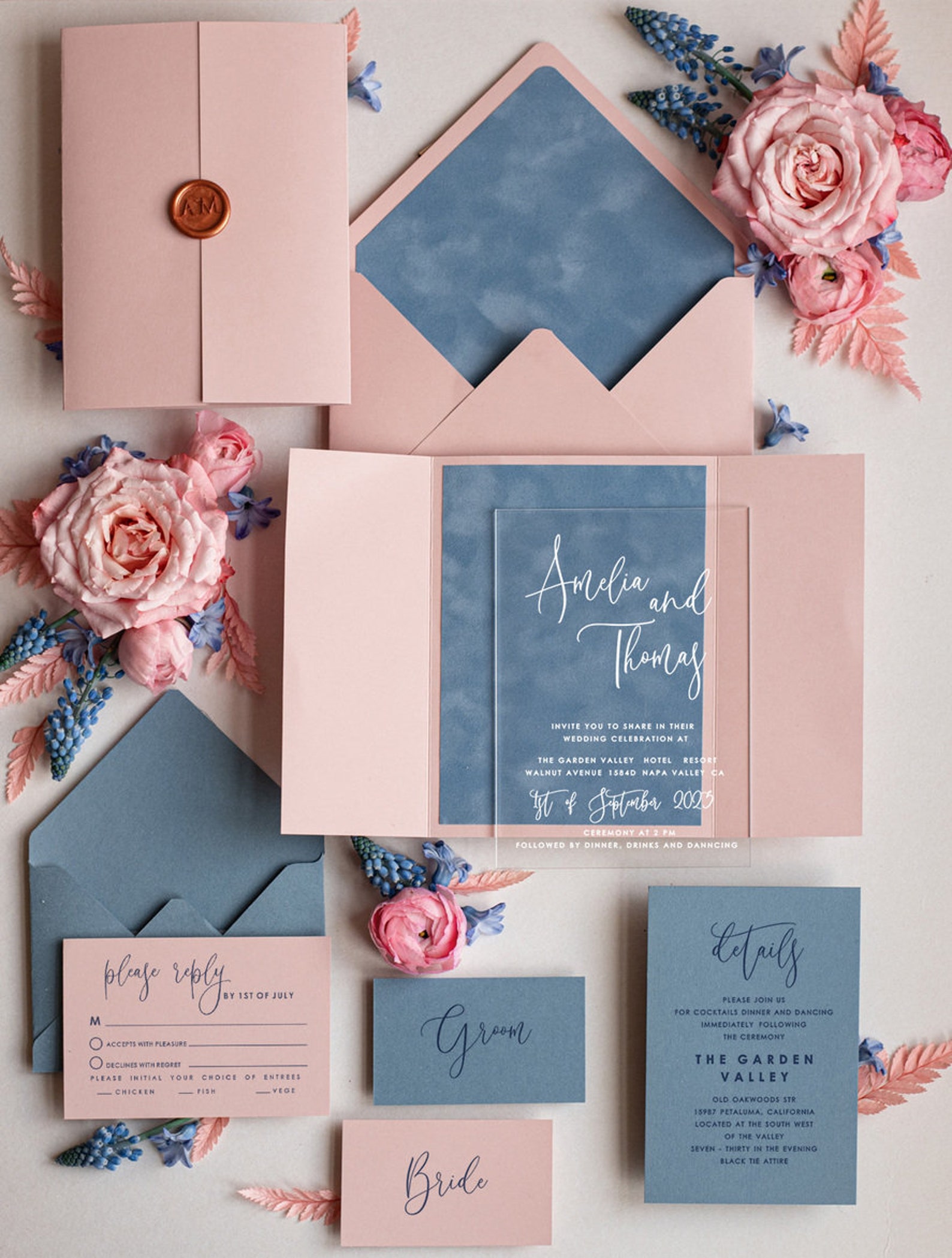 Acrylic Blush Pink Wedding Invitation Set Velvet Dusty Blue - Etsy