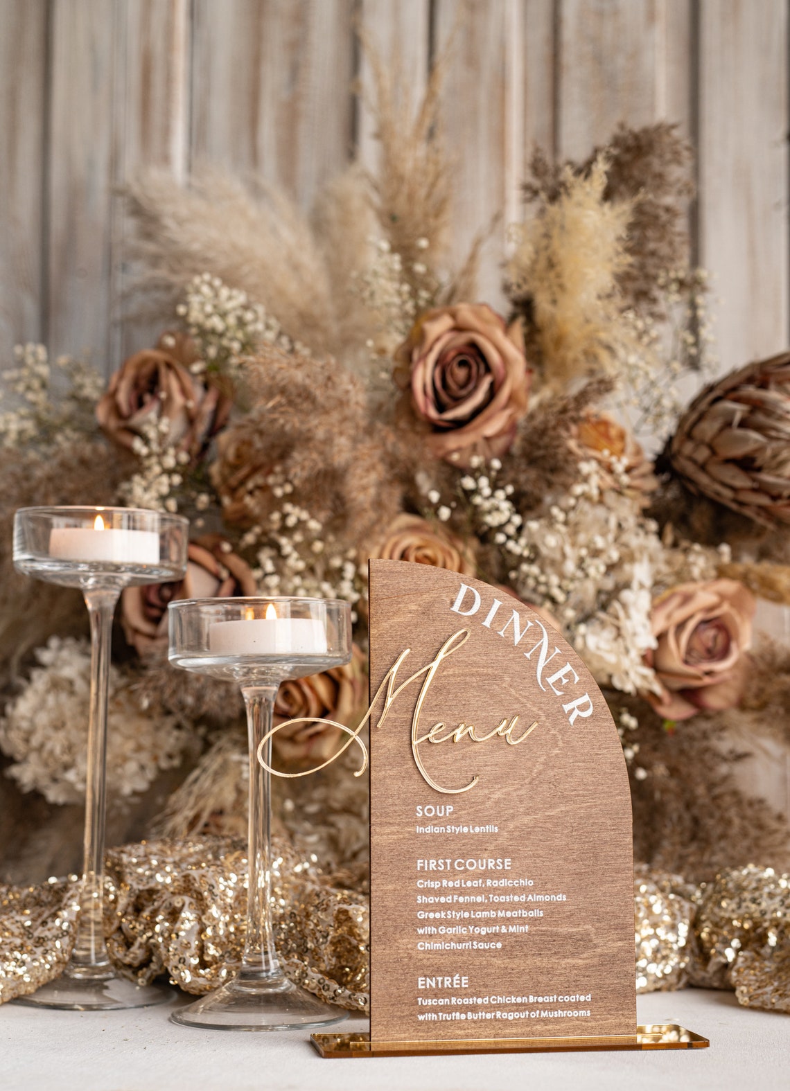 Rustic Wooden Half Arch Dinner Menu, Wood & Acrylic Gold Table Sign ...
