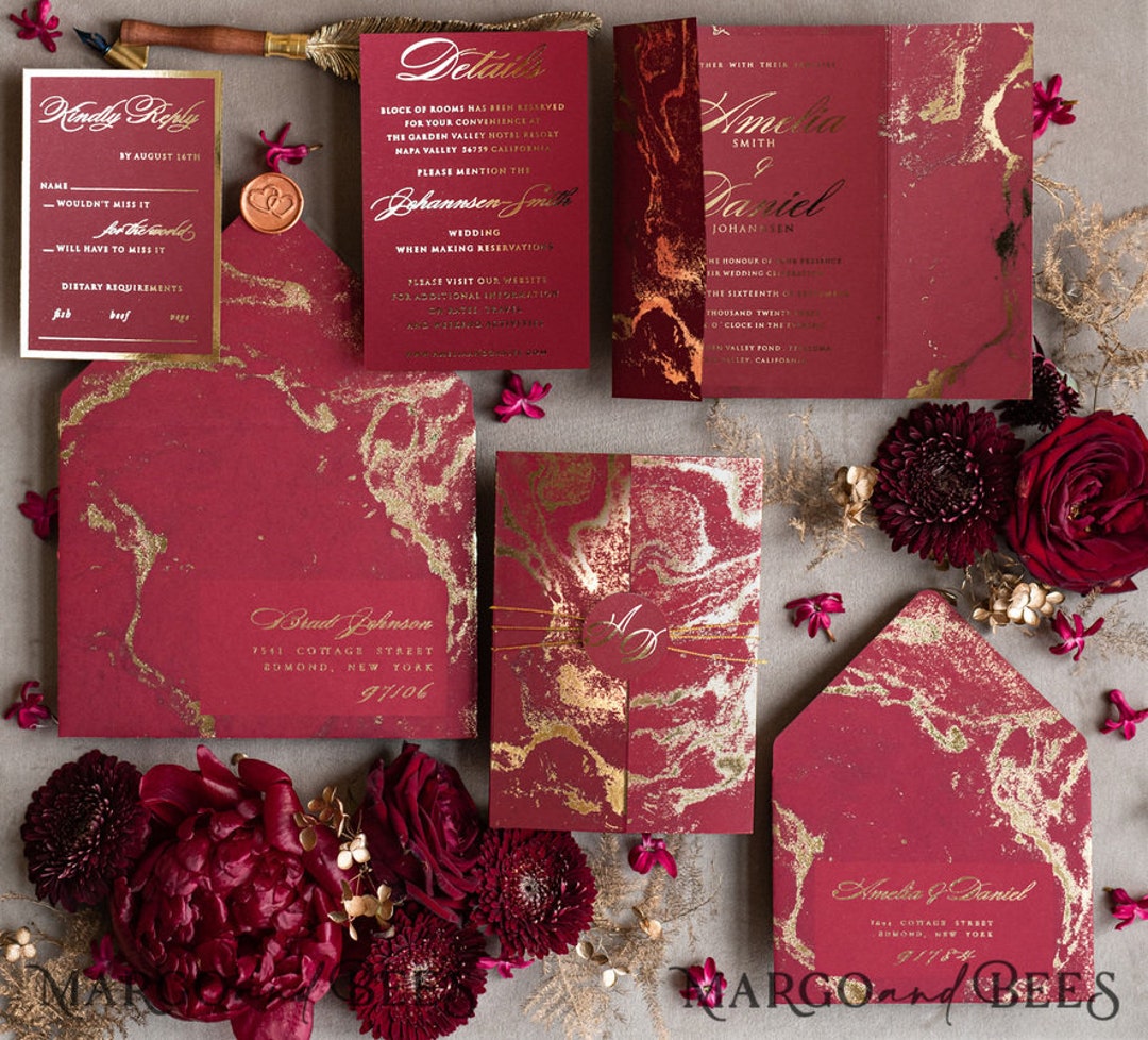 Burgundy Gold Marble Wedding Invitations Luxury Golden Foil Wedding ...