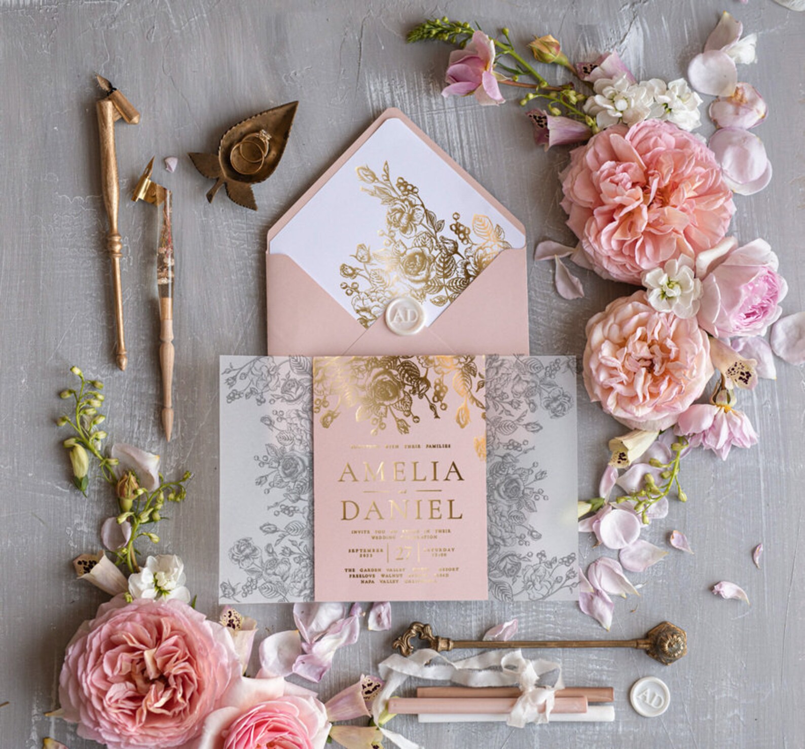 Blush Pink Gold Wedding Invitations, Luxury Elegant Wedding Invites ...