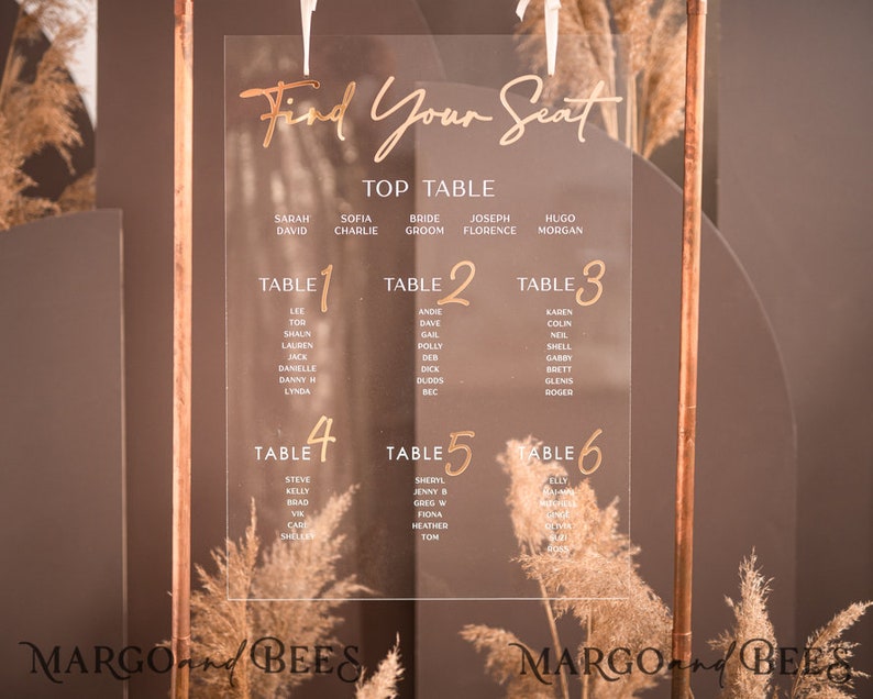 Acrylic Clear Personalised Wedding Table Seating Plan, Gold Modern ...
