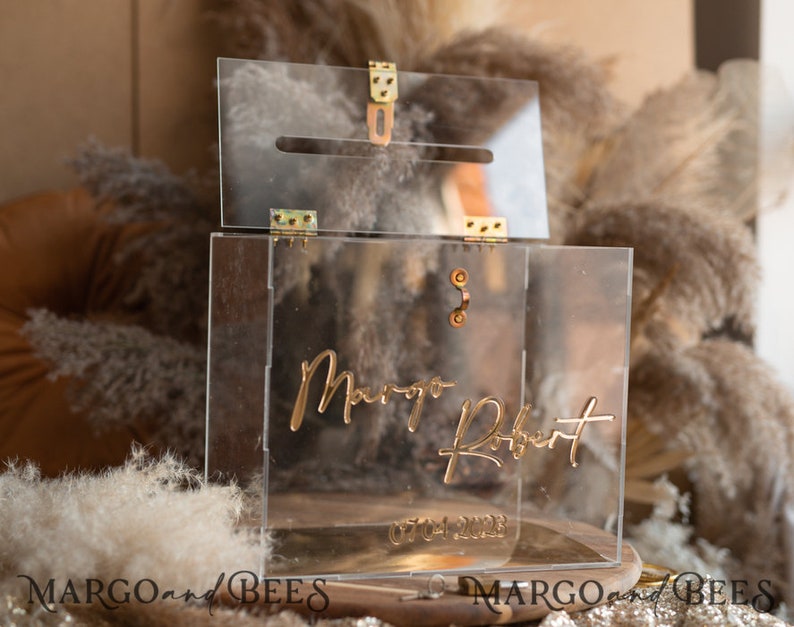 Modern Custom Wedding Card Box With Lock, Acrylic Gold Gift Card Box ...