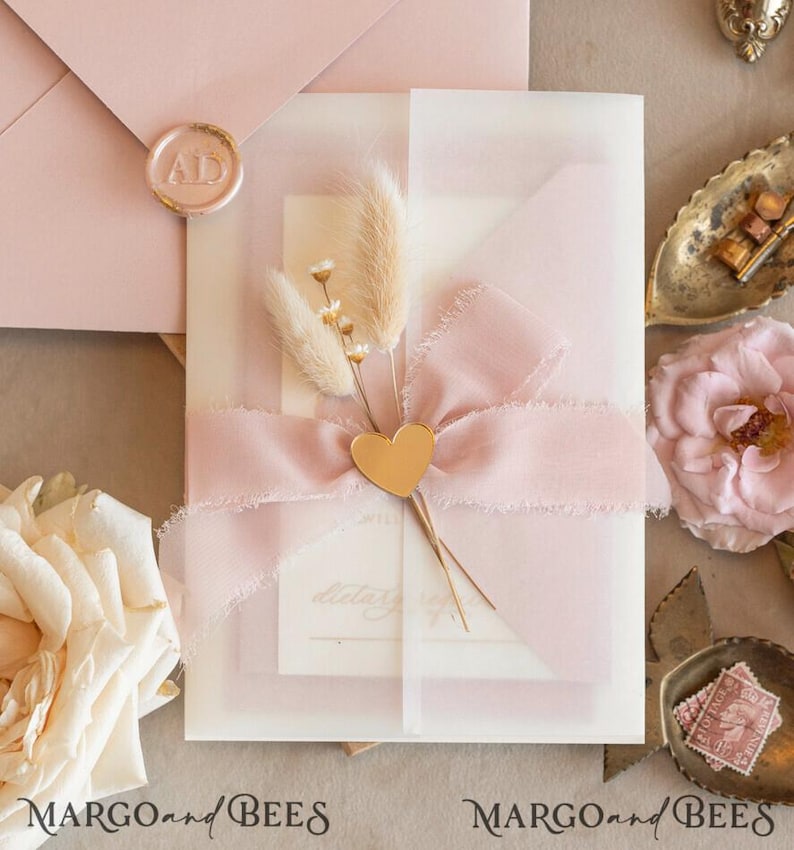 Faire-part de mariage personnalisé rose ivoire doré avec RSVP, ensemble ...