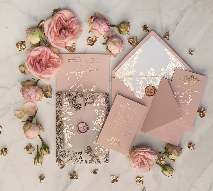 Luxury Pink Gold Floral Wedding Invitations, Elegant Wedding Invitation ...