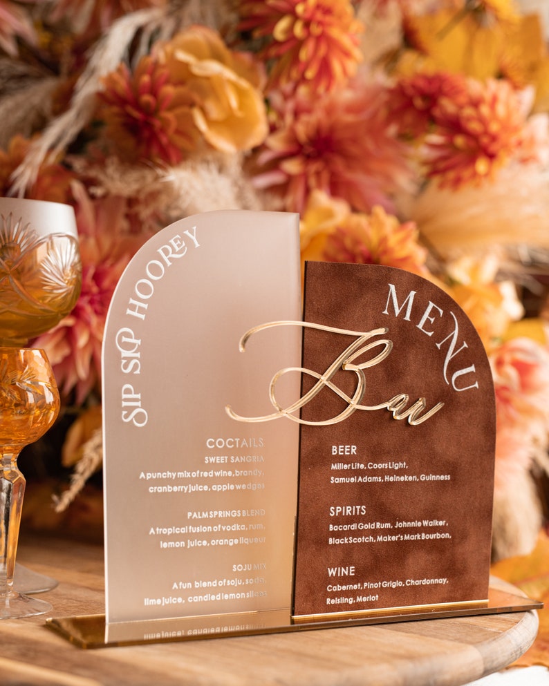 Acrylic Arch Bar Menu Combo, Frosted Plexi Glass Gold Terracotta Velvet ...