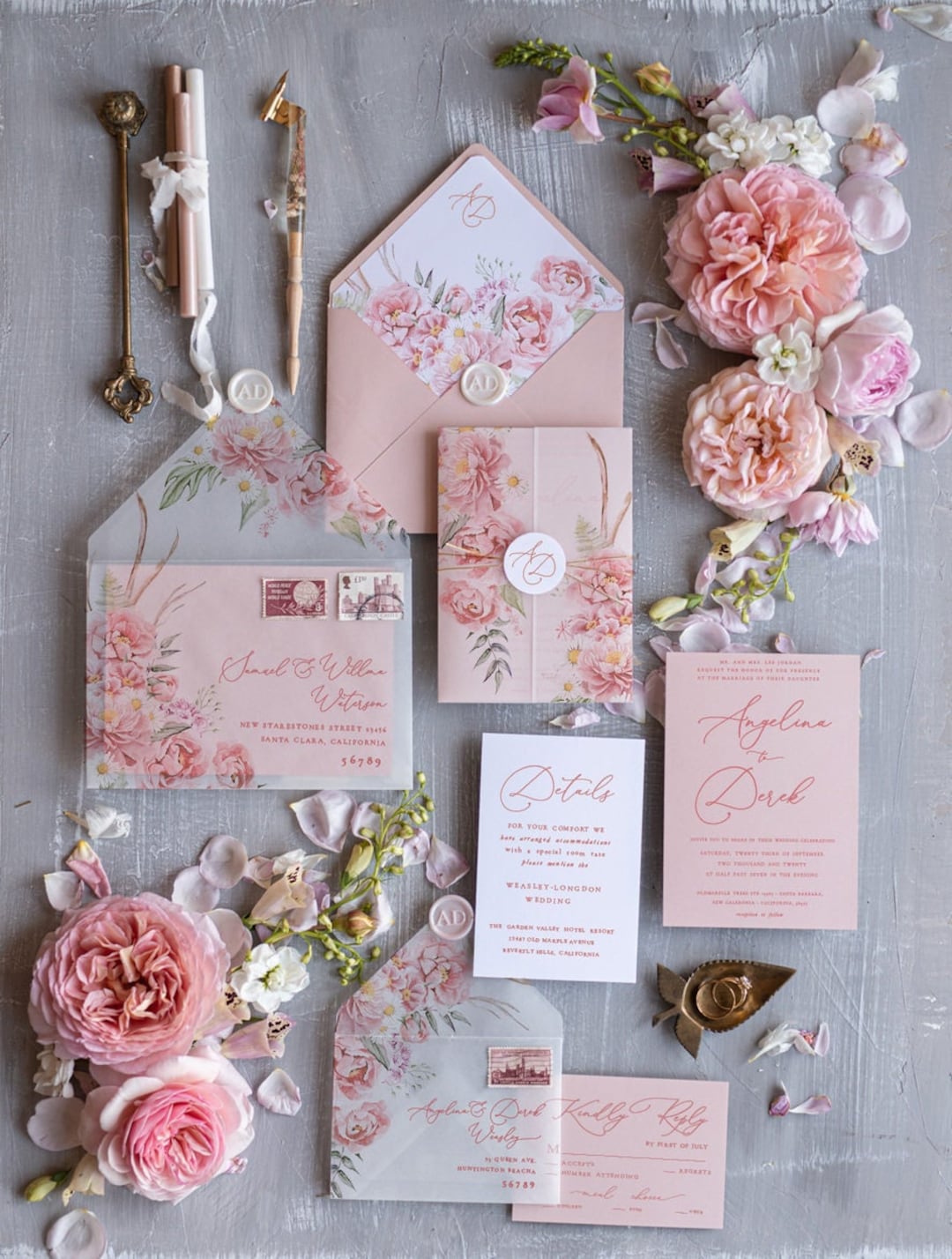 Elegant Peony Wedding Invitations, Blush Pink Wedding Invites Boho ...