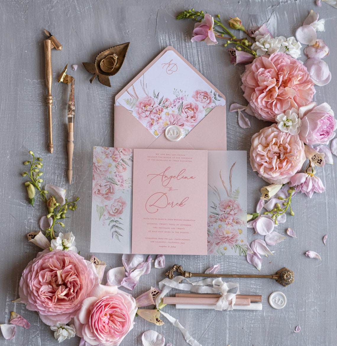 Elegant Peony Wedding Invitations Blush Pink Wedding Invites - Etsy