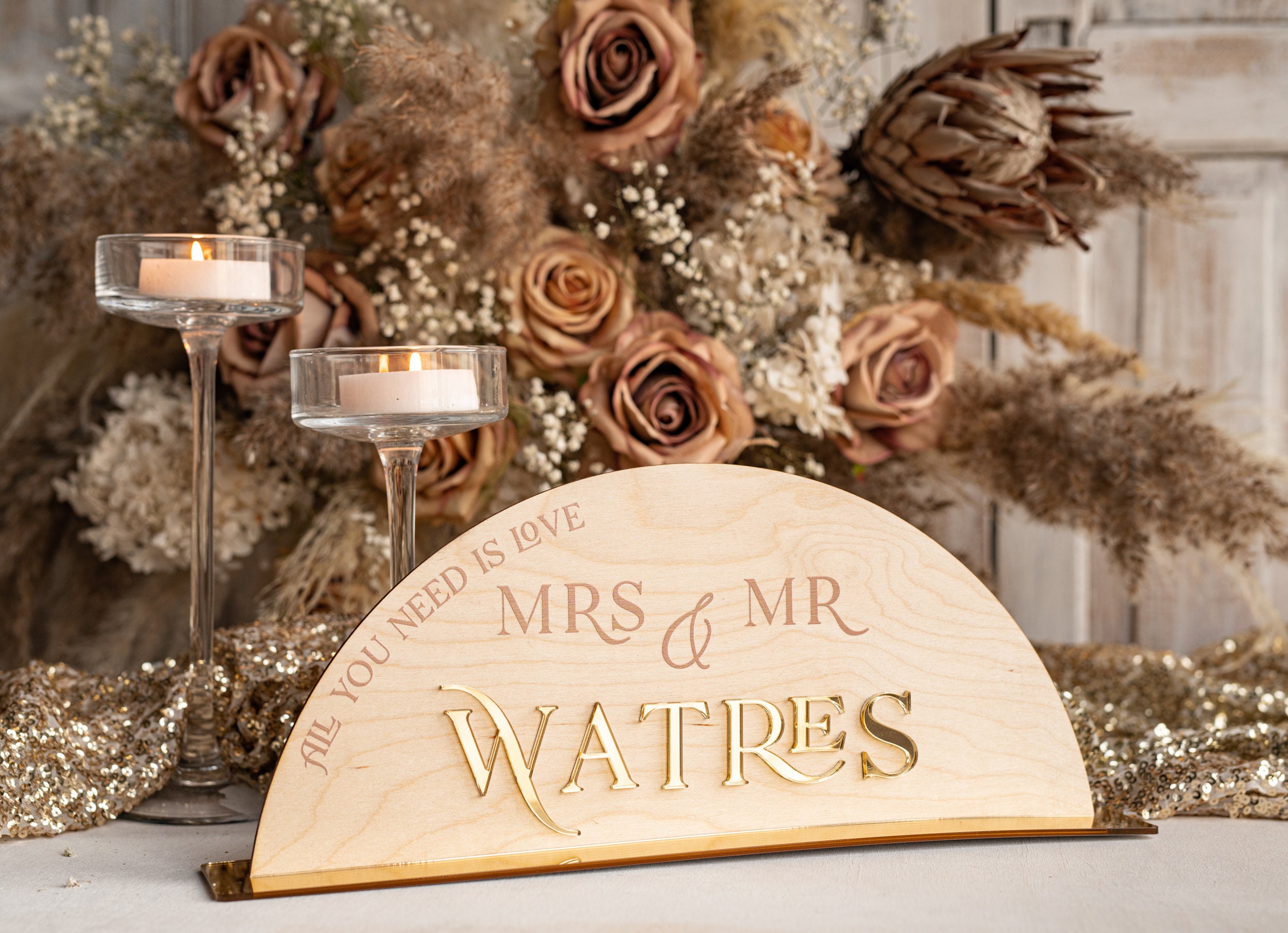 Wood and Gold Rustic Top Table Mr & Mrs Signs With Gold Stand, Wooden ...