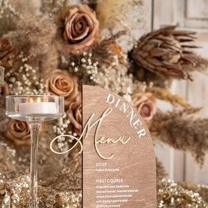 Rustic Wooden Half Arch Dinner Menu, Wood & Acrylic Gold Table Sign ...