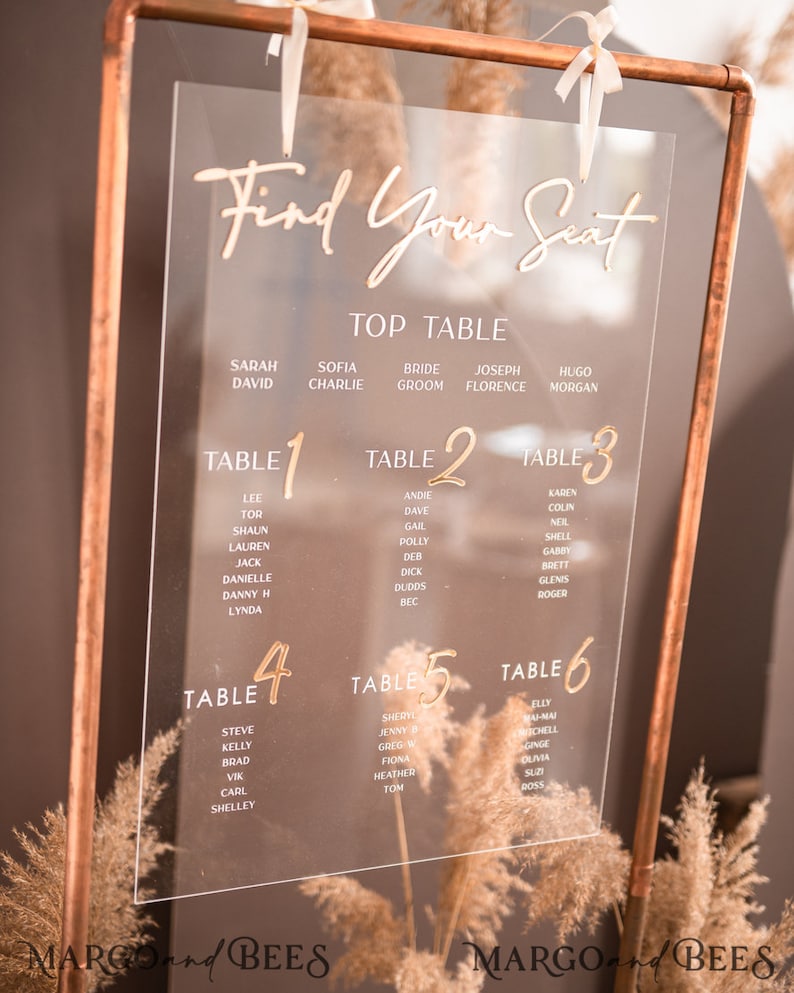 Acrylic Clear Personalised Wedding Table Seating Plan, Gold Modern ...