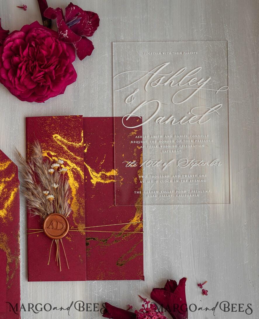 Clear Gold Acrylic Wedding Invitations Maroon Marble Plexi Glass ...