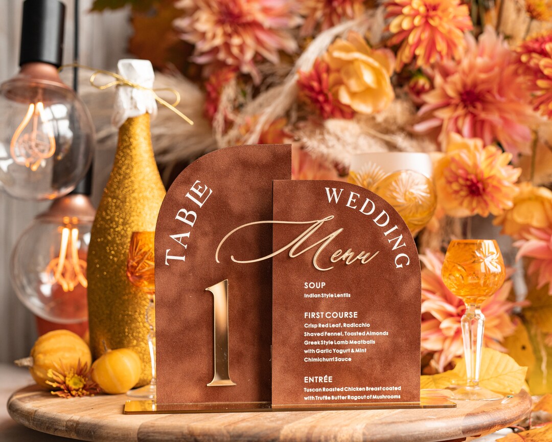 Acrylic Arched Table Numbers and Menu Set, Copper Velvet Gold Sign ...