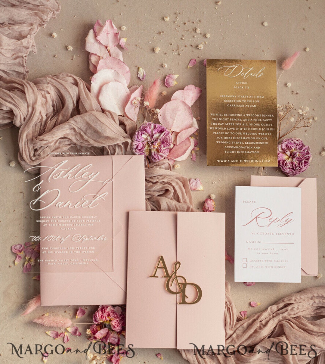 Luxury Mirror Gold Wedding Invitations, Elegant Blush Pink Wedding ...