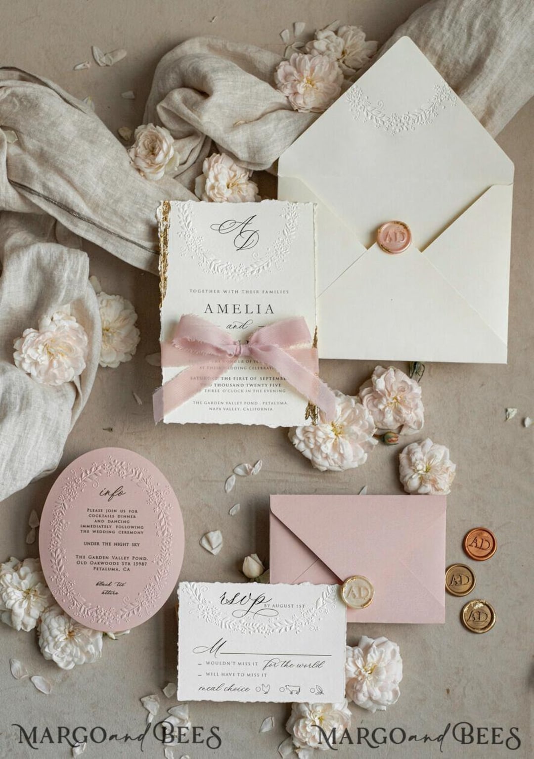 Blush Gold Wedding Invitation Chiffon Torn Bow Mirror Gold Monogram ...