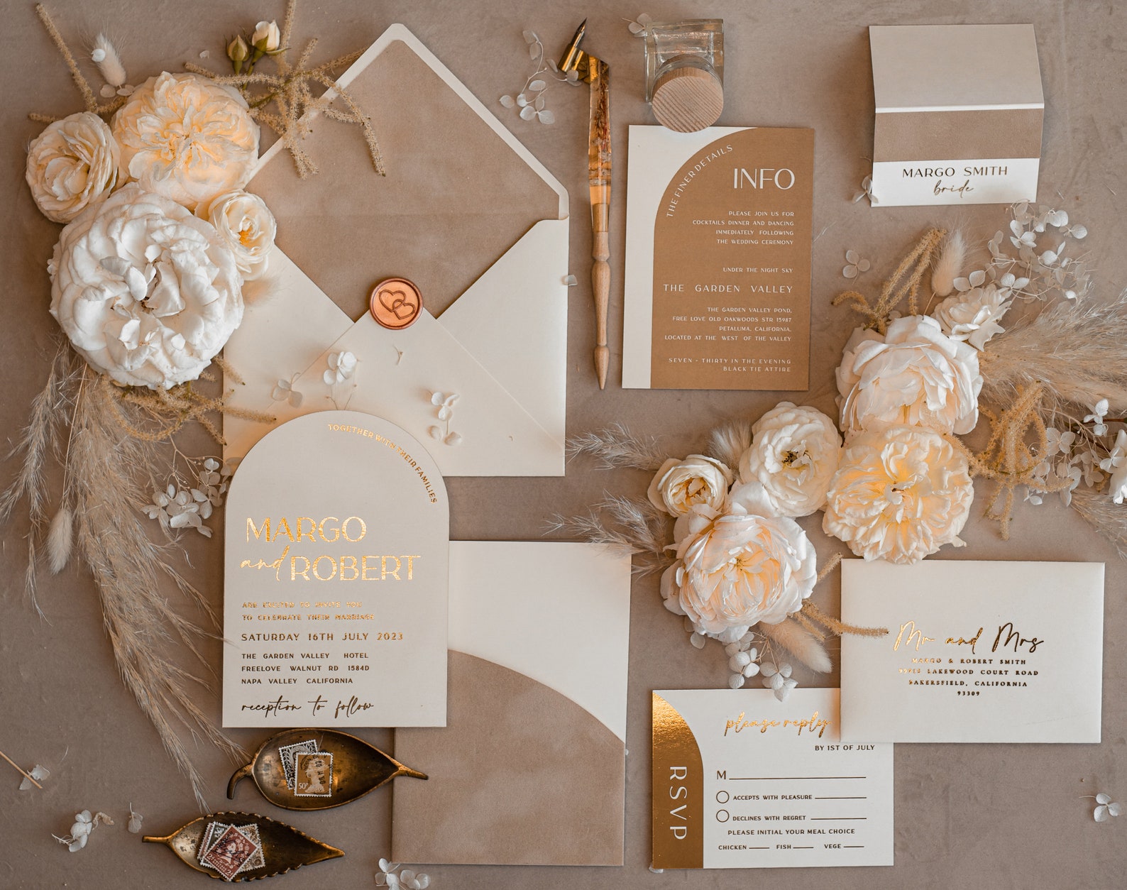 Custom Wedding Invitations Velvet Beige Pocket, Elegant Arch Wedding Invitations, Gold Wedding ...