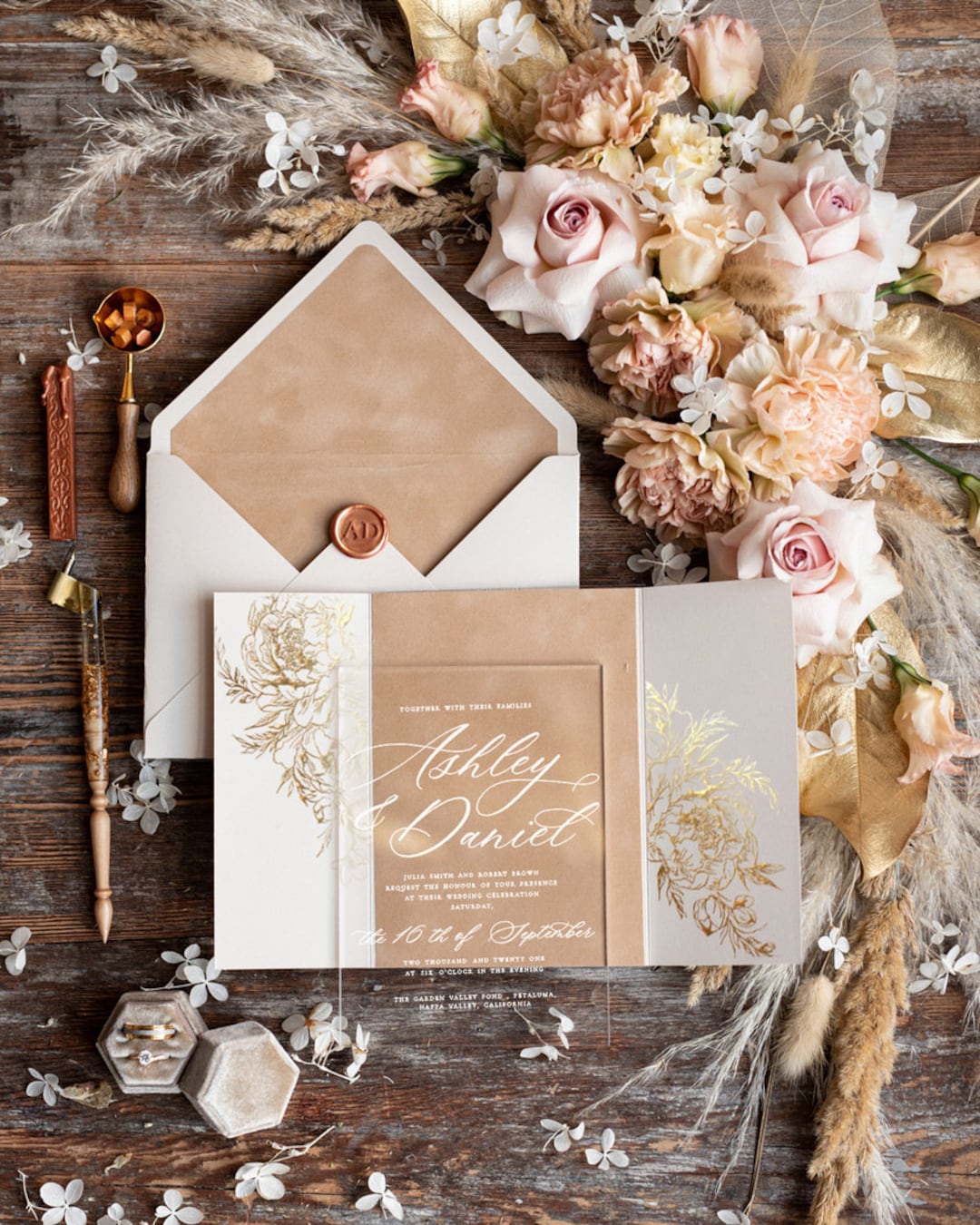 Elegant Clearacrylic Beige Nude Wedding Invitations Luxury Golden Wedding Invitation Suite Boho