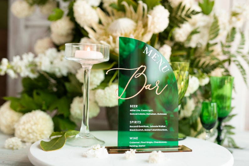 Acrylic Half Arch Green Bar Menu, Bottle Green Acryl and Gold Bar Menu ...