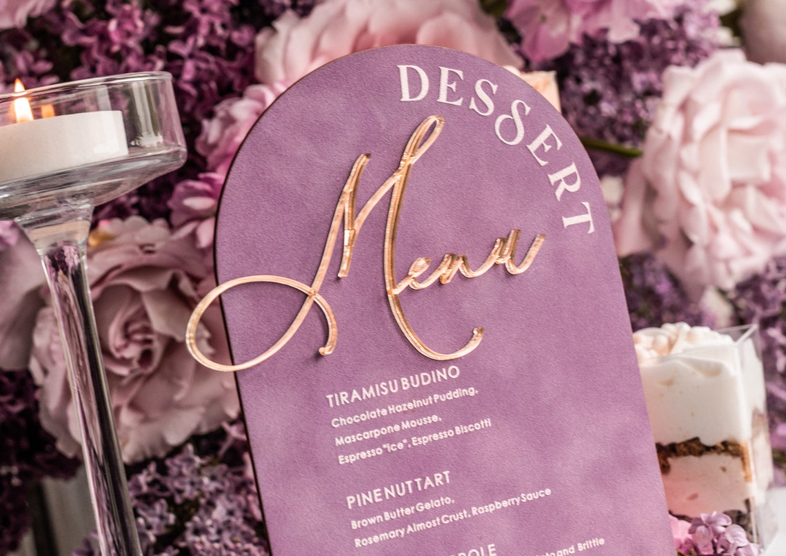 Mauve Velvet Arch Dessert Menu, Dusty Rose Candy Sign, Gold Plexi Table ...
