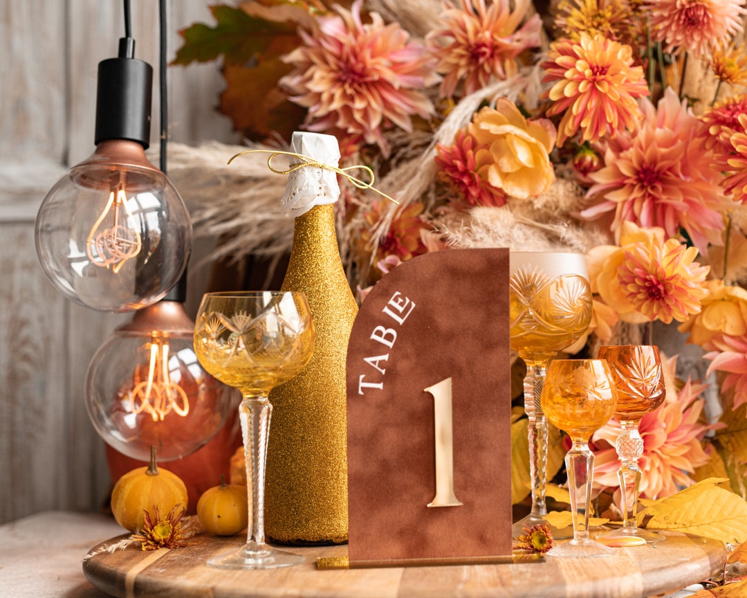 Terracotta Velvet Table Numbers, Gold Acrylic Table Sign, Gold Plexi ...
