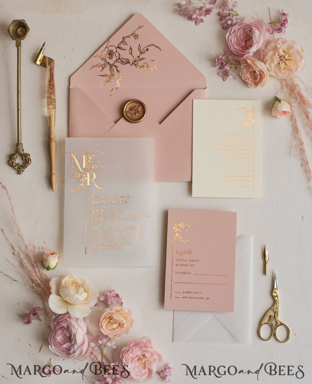 Luxury Blush Pink Wedding Invitations, Romantic Handmade Wedding Cards ...