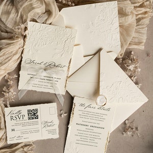 Bespoke Embossed Blind Ivory Golden Wedding Invitation With Rsvp ...