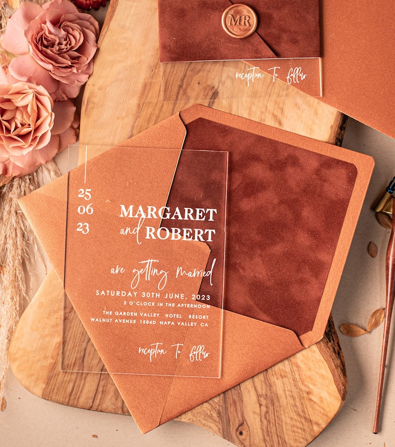 Modern Acrylic Wedding Invitation Suite Velvet Terraccota | Etsy