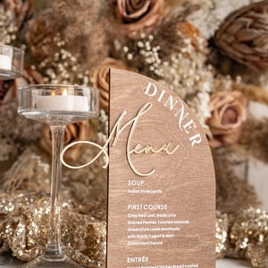 Rustic Wooden Half Arch Dinner Menu, Wood & Acrylic Gold Table Sign ...