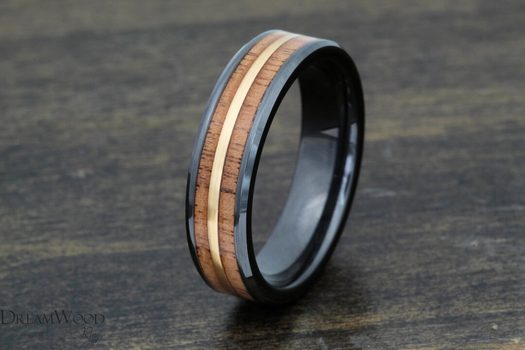 Black Ceramic and Walnut Wood Ring With Gold Inlay - Etsy