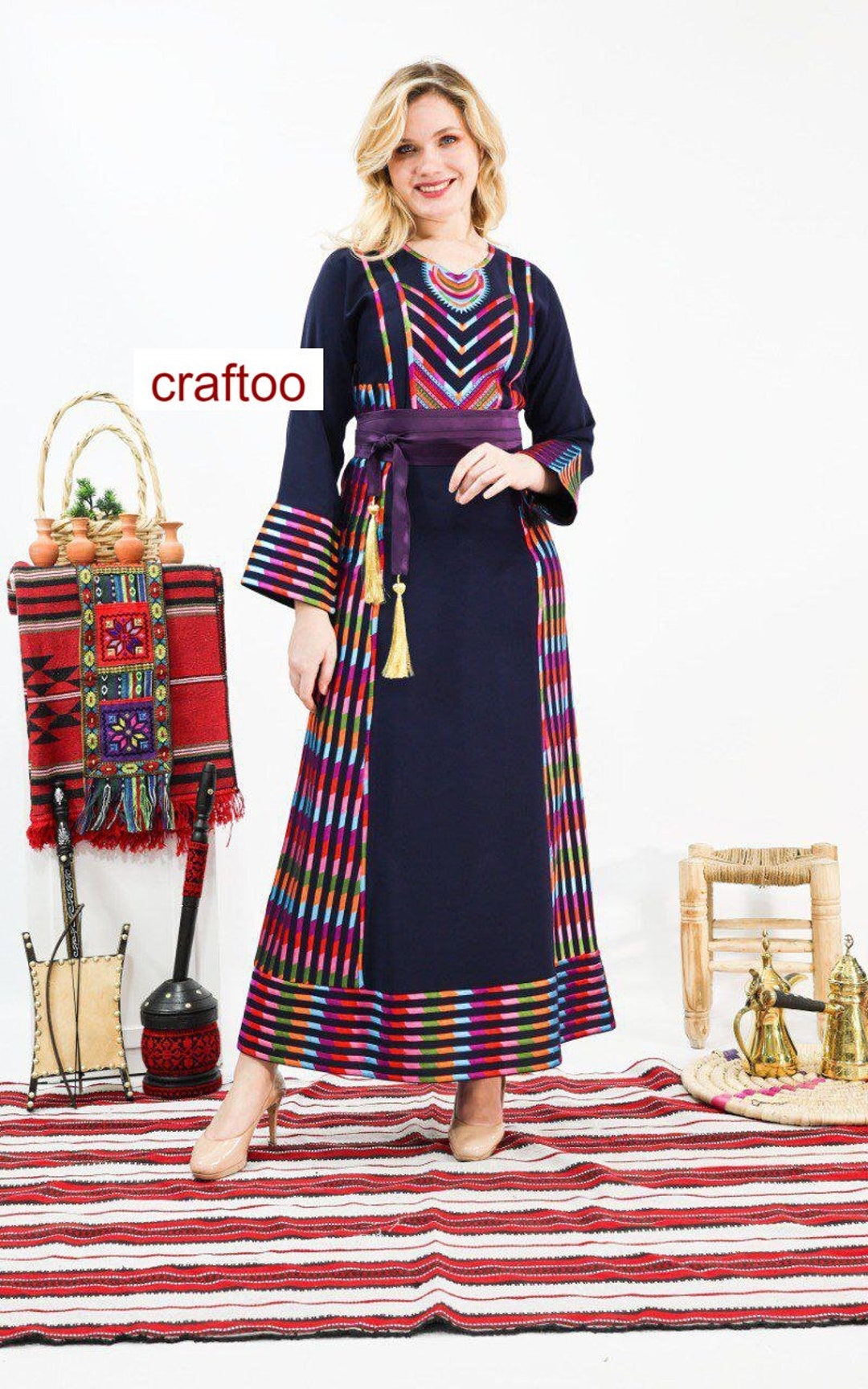 Strips Embroidery Palestine Dress, Vintage Style, Heritage Palestinian ...