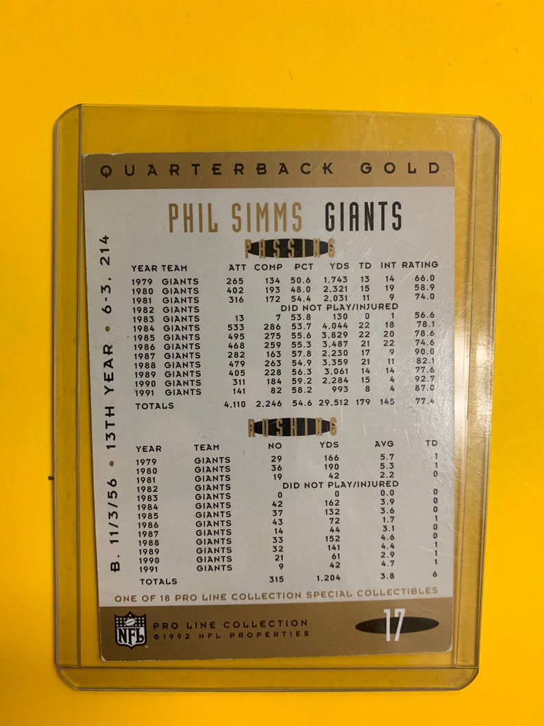 Phil Simms NFL Pro Line Card 1992 NFL Football New York Giants ...