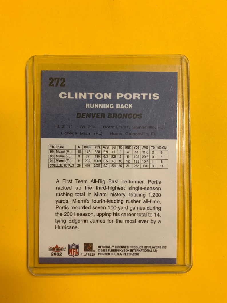 Clinton Portis Denver Broncos Rookie Card Fleer 2002 NFL Football 272 ...