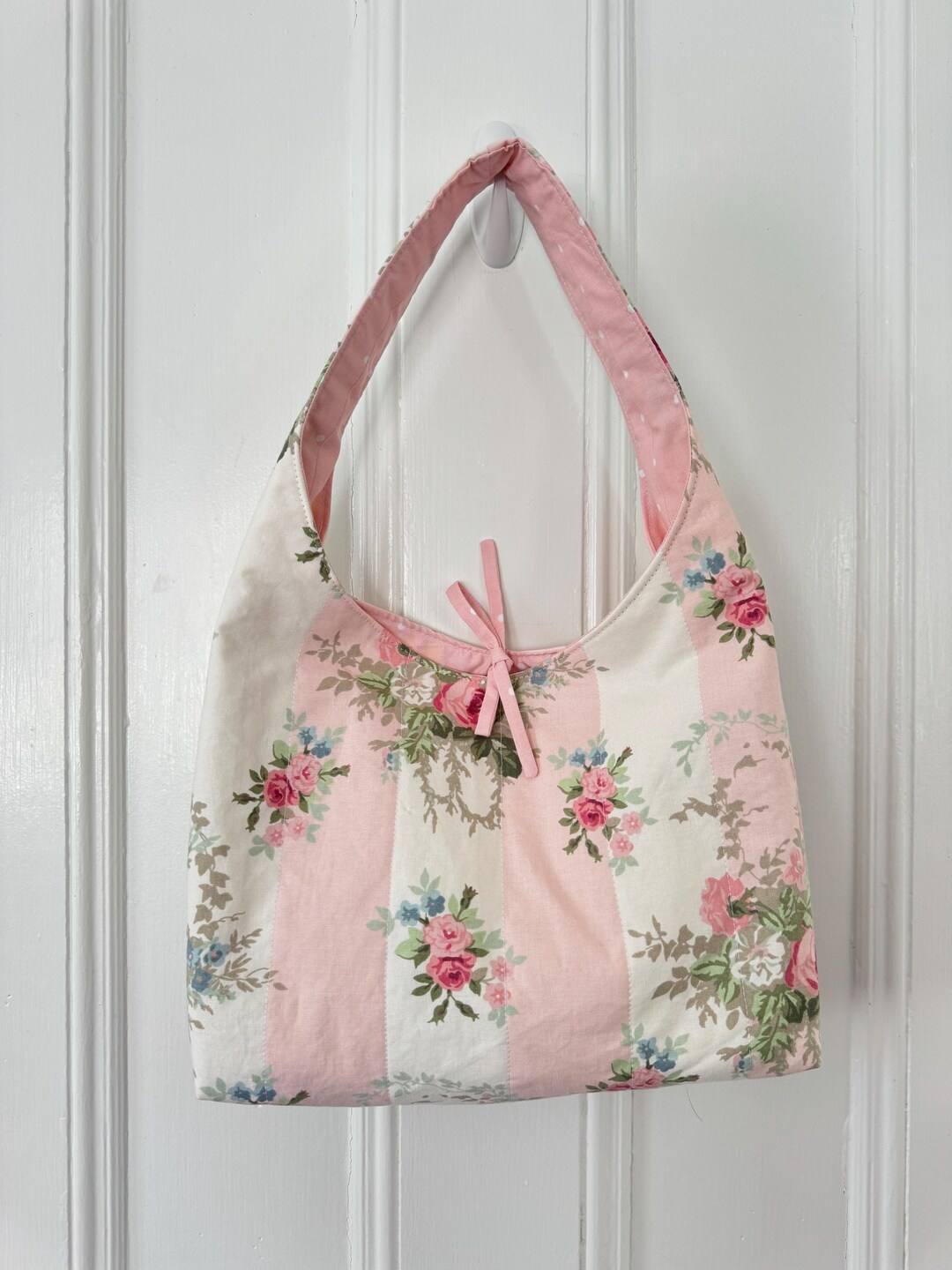 Handmade Pink and White Floral Striped Reversible Slouchy Tote Bag ...