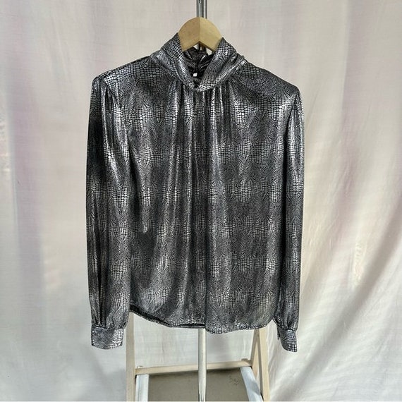 Vintage 80s Slinky Shiny Silver Metallic Blouse High … - Gem