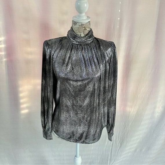 Vintage 80s Slinky Shiny Silver Metallic Blouse High … - Gem