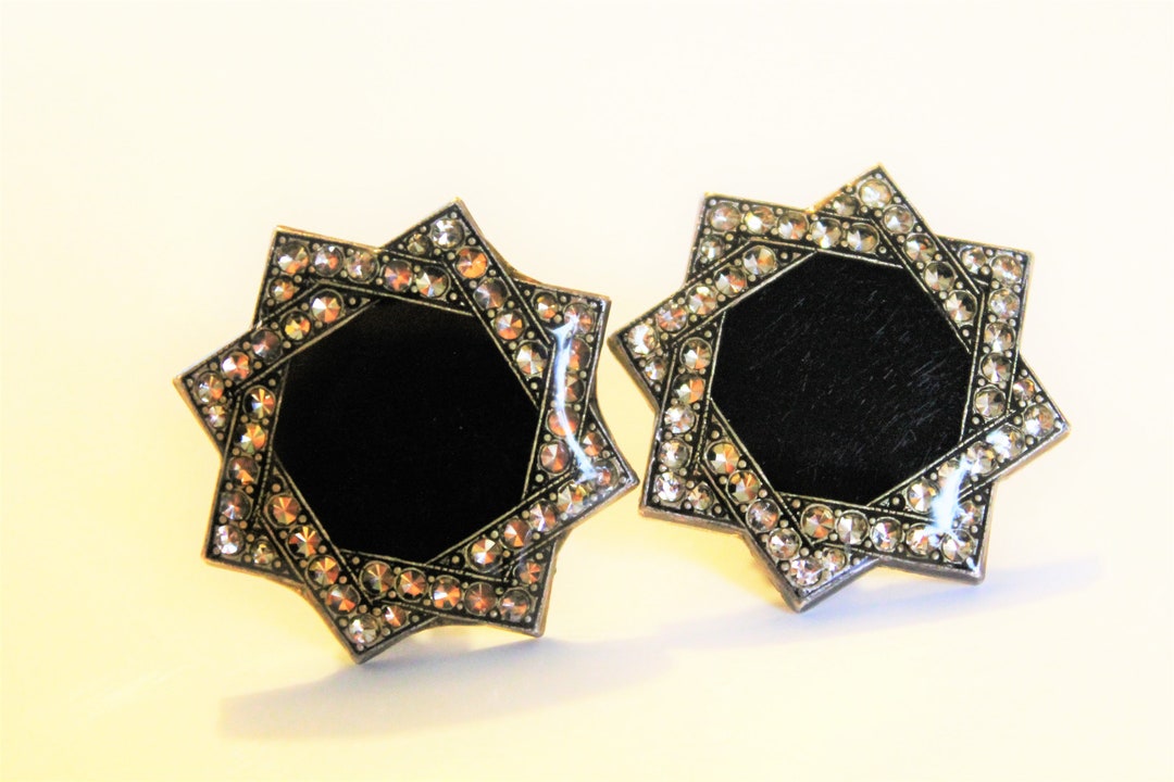 PIERRE BEX – Vintage Art Deco Revival Earrings / Black Enameled Star ...