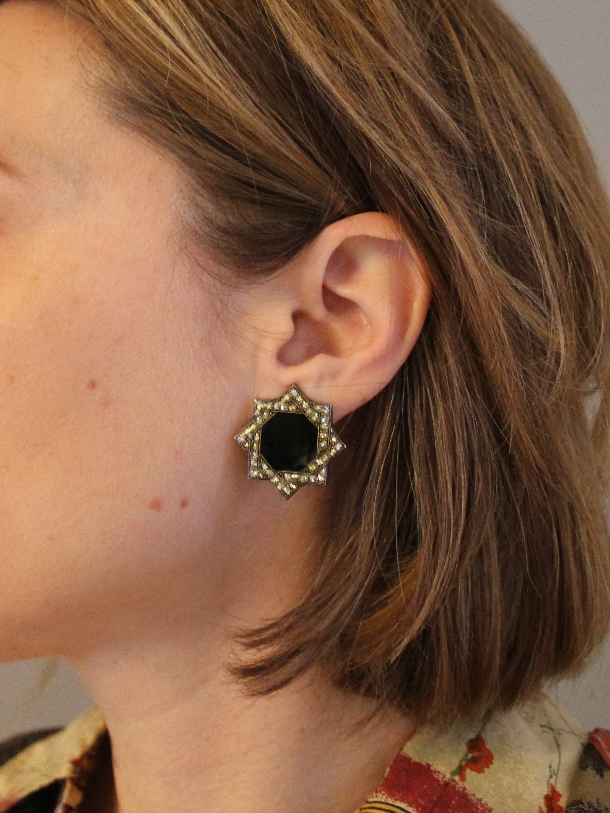 PIERRE BEX – Vintage Art Deco Revival Earrings / Black Enameled Star ...