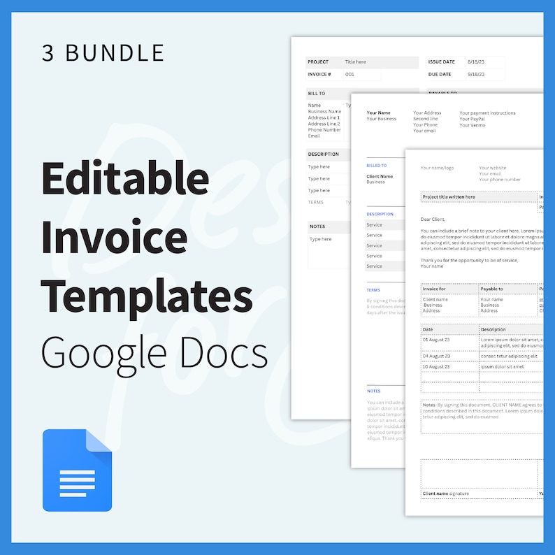 3 Google Docs Invoice Templates Editable Instant Digital Downloads ...