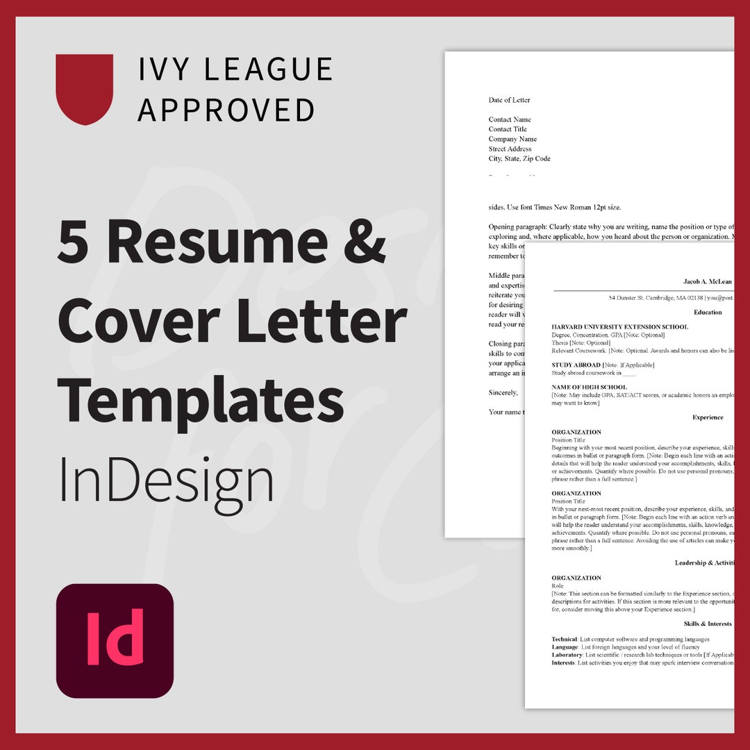 5 Indesign Harvard Resume & Cover Letter Templates. Professional, Clean ...