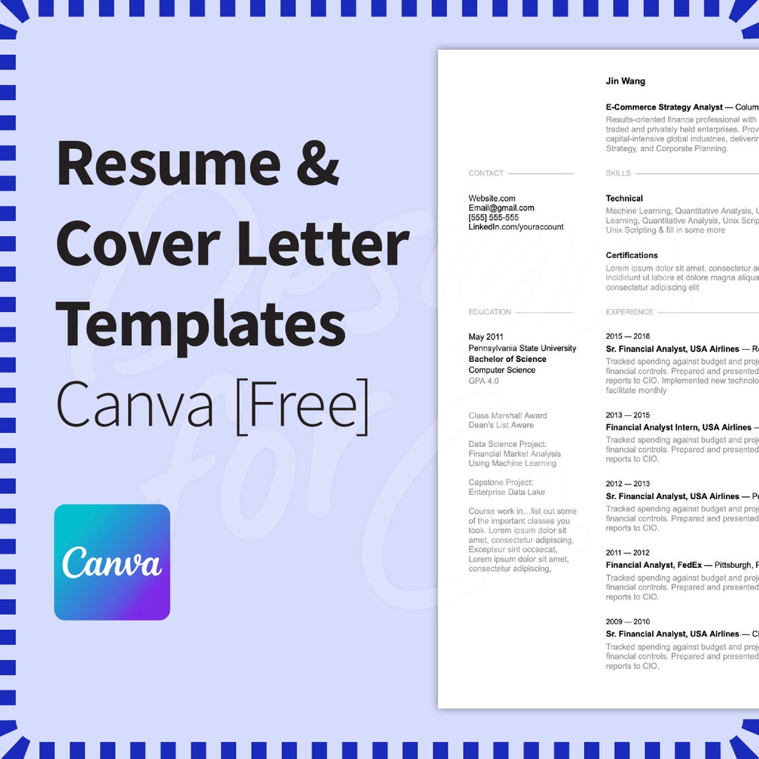 Canva Resume Template Cover Letter Template Editable Instant Digital ...