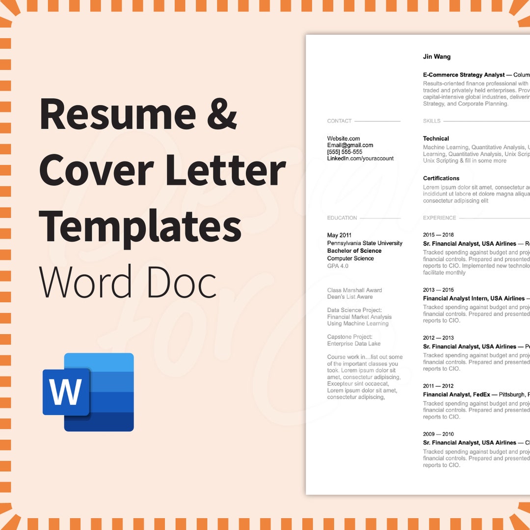 Word Doc Resume Template Cover Letter Template Editable Instant Digital ...