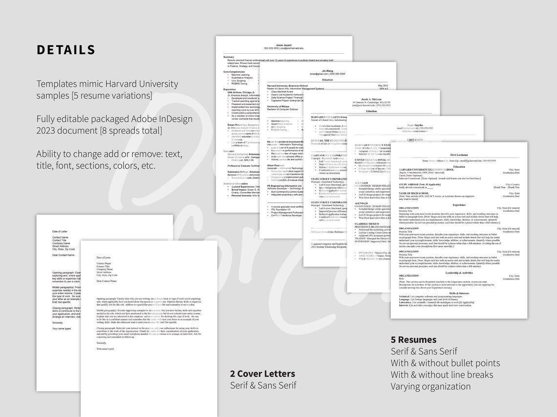 5 Indesign Harvard Resume & Cover Letter Templates. Professional, Clean ...