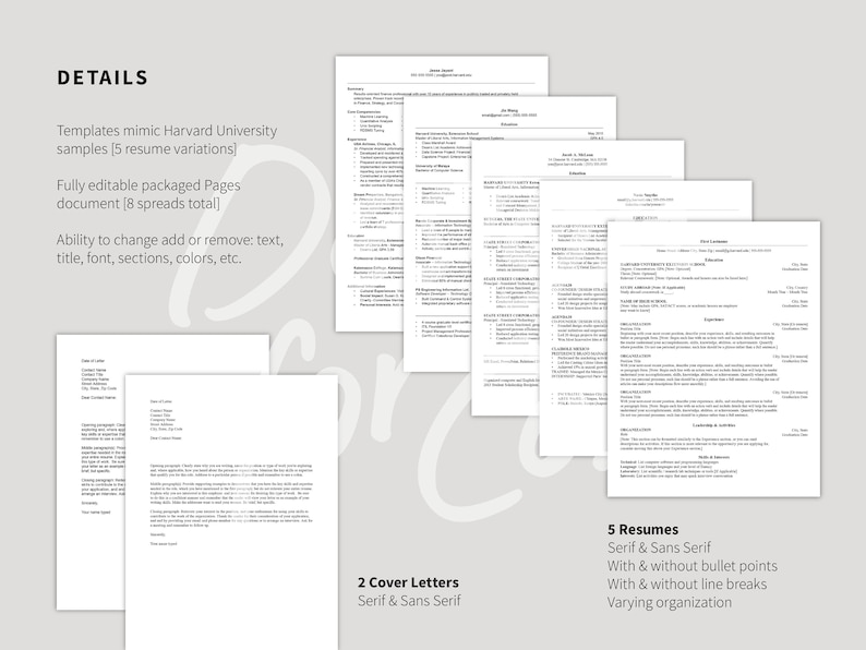 5 Pages Harvard Resume & Cover Letter Templates. Professional, Clean ...