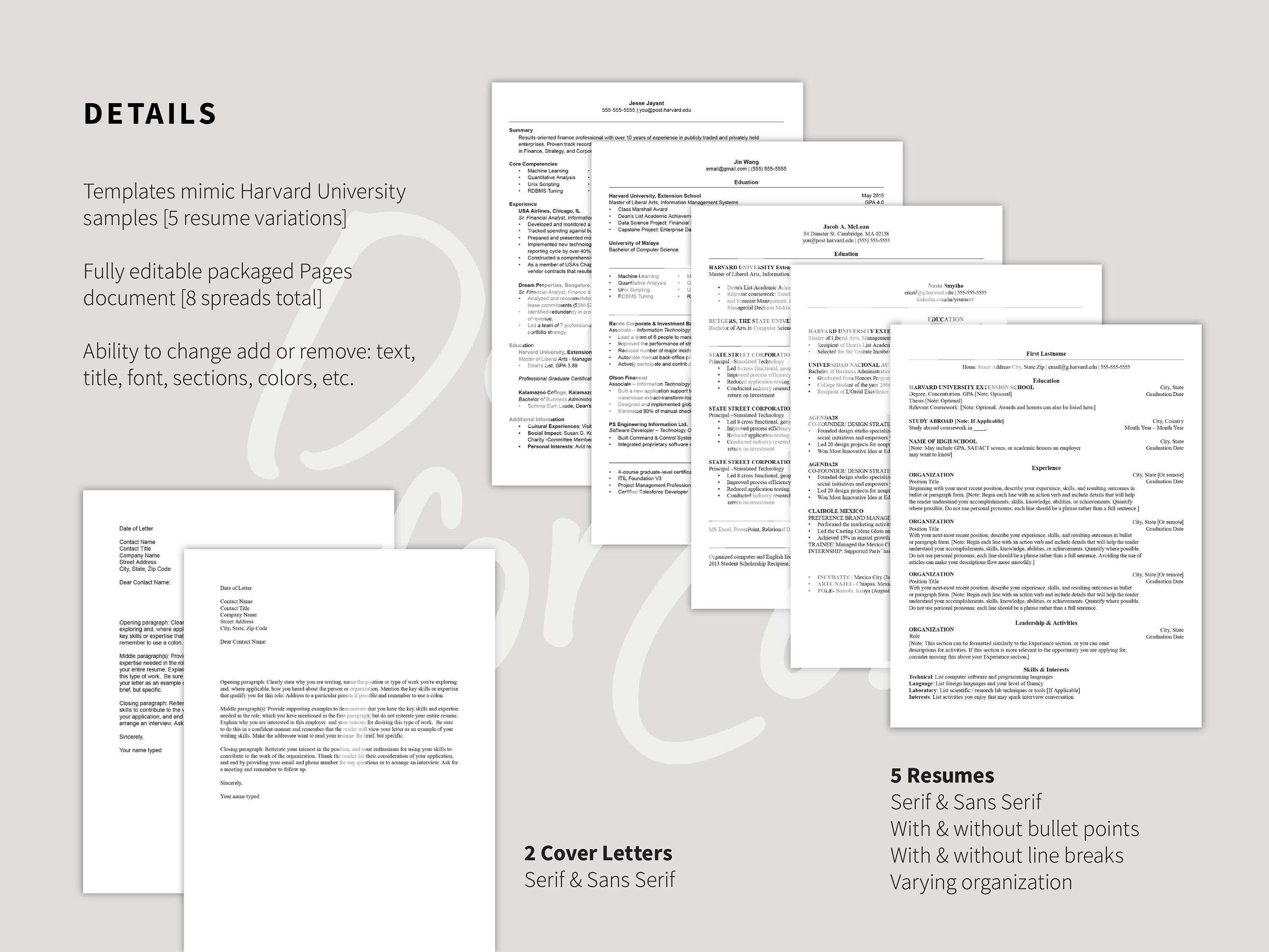 5 Pages Harvard Resume & Cover Letter Templates. Professional, Clean ...